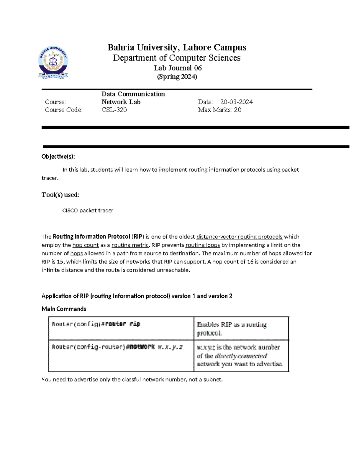Lab 5 dcn - practical - Bahria University, Lahore Campus Department of Computer Sciences Lab ...