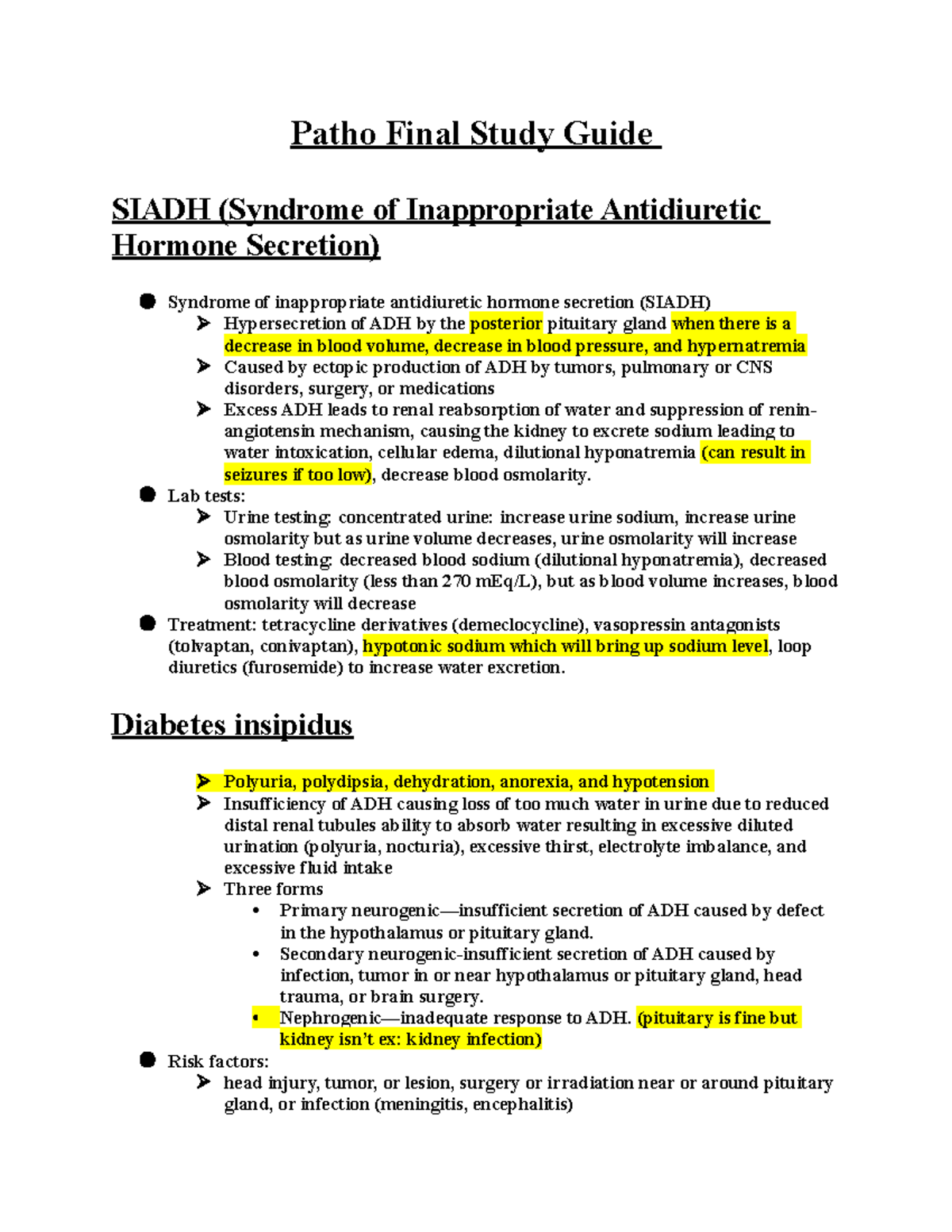 Patho Final Study Guide - Patho Final Study Guide SIADH (Syndrome of ...