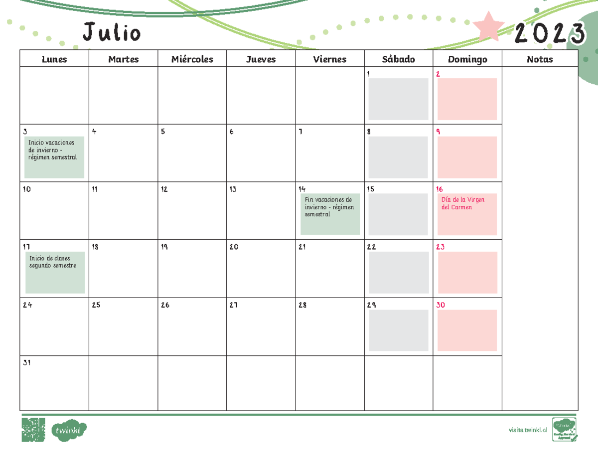 Calendario Julio - Calendar - Lengua y literatura - JulioJulio Lunes ...
