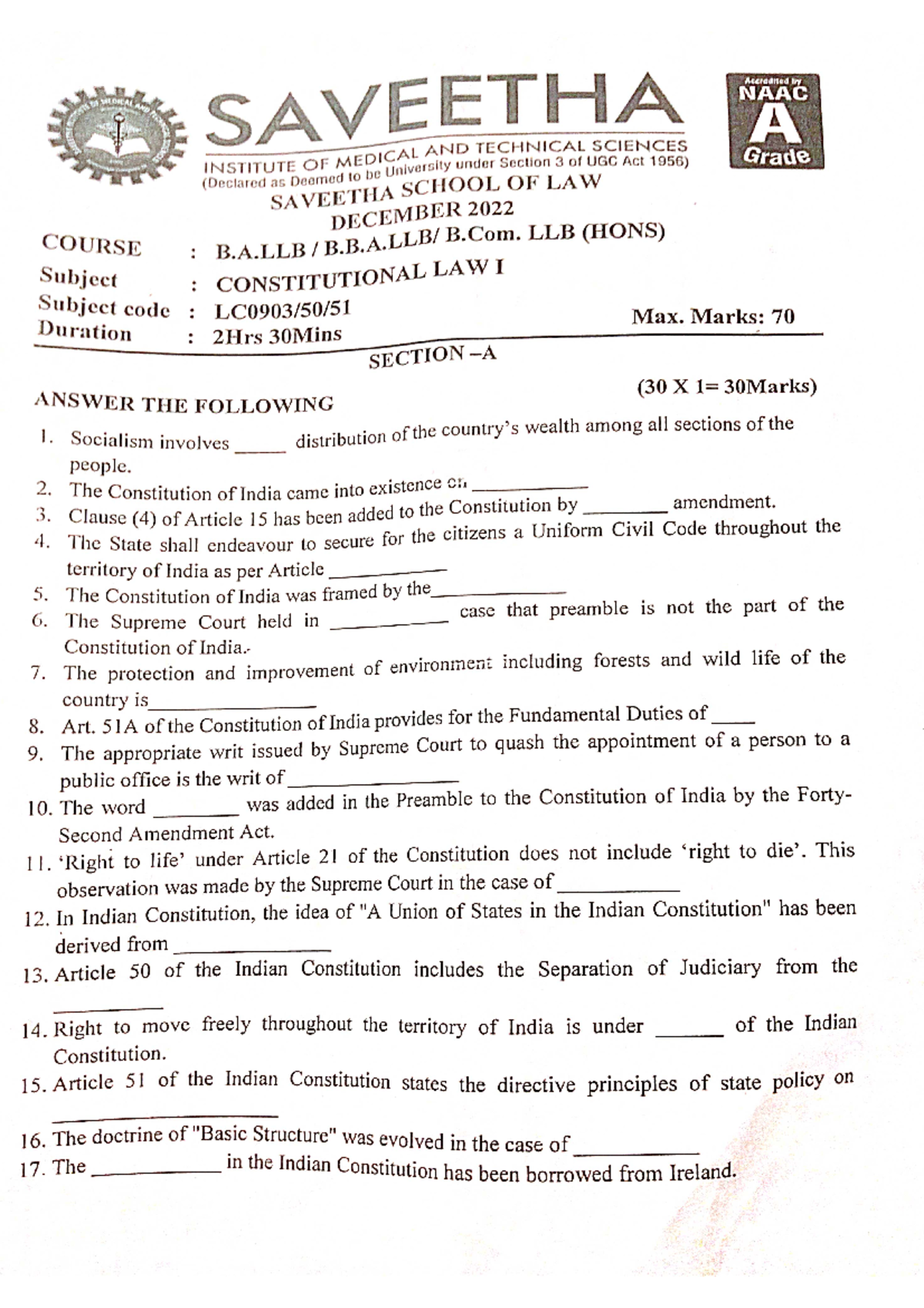 10 - Sample question paper for consti1 - Constitution Law - Studocu