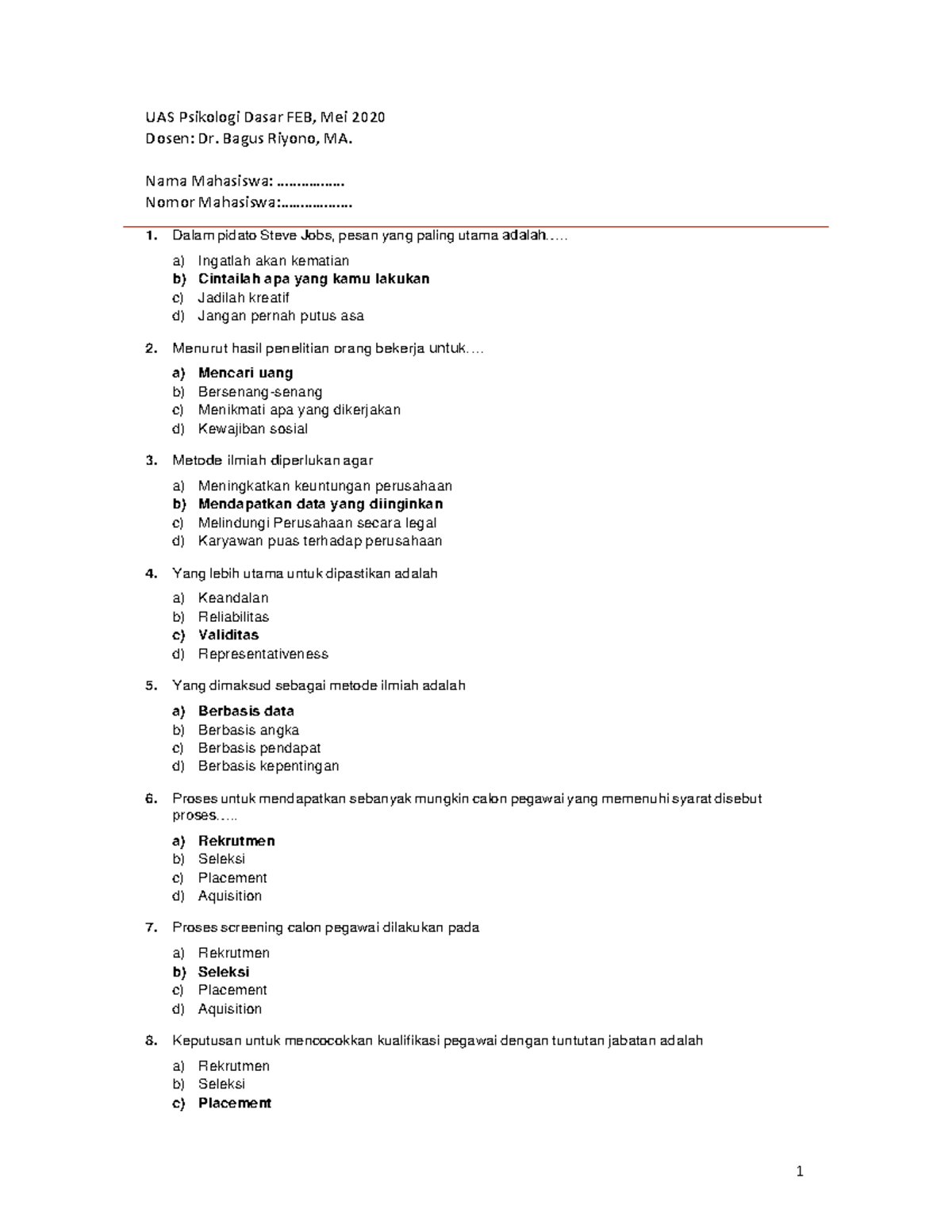 UAS Psidas FEB MANAJEMEN Universitas Gadjah Mada - UAS Psikologi Dasar ...