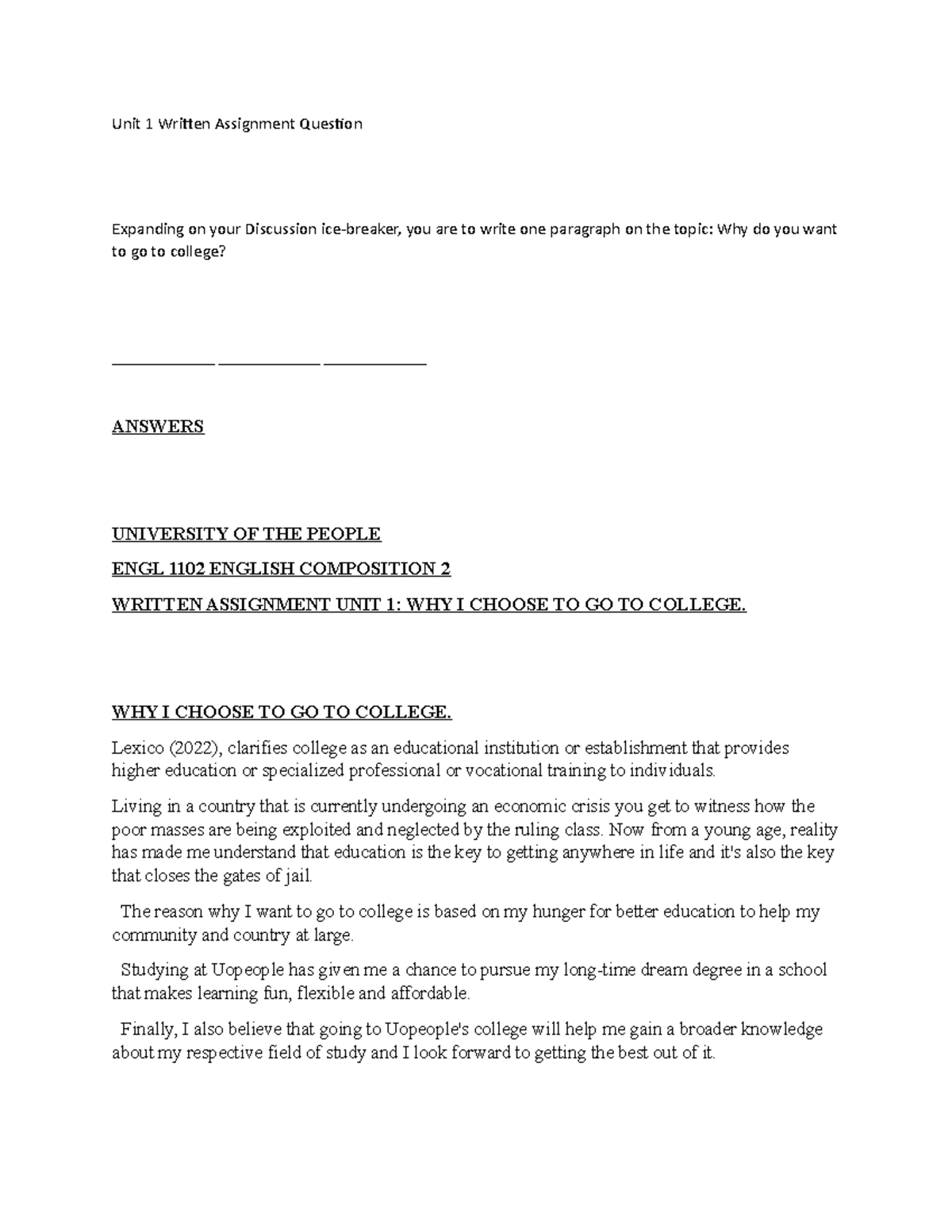 English 1102 unit 1 Written Assignment Answers - Unit 1 Written ...