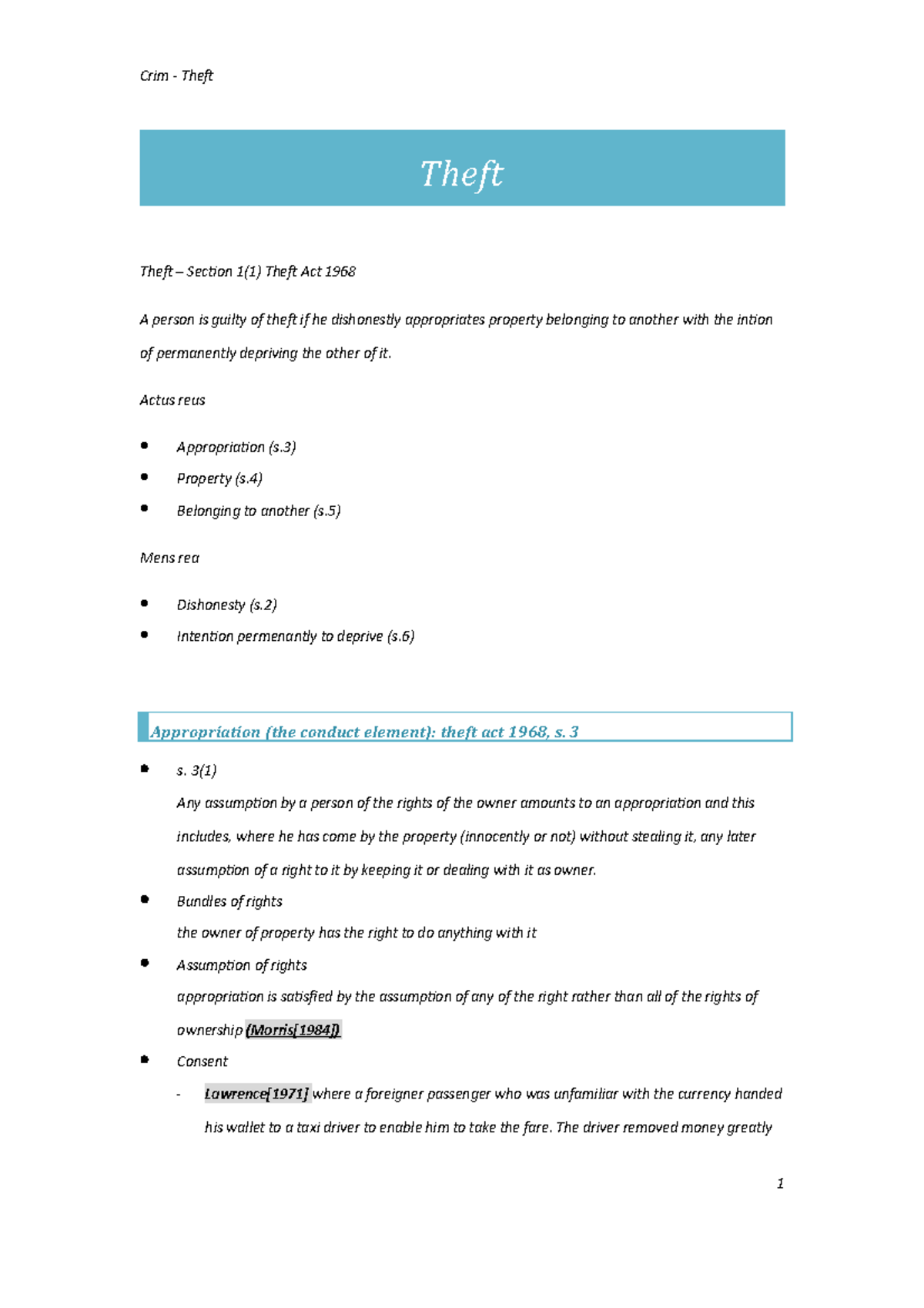 Law 104-Theft - Lecture notes 8 - Crim - Theft Theft Theft – Section 1 ...