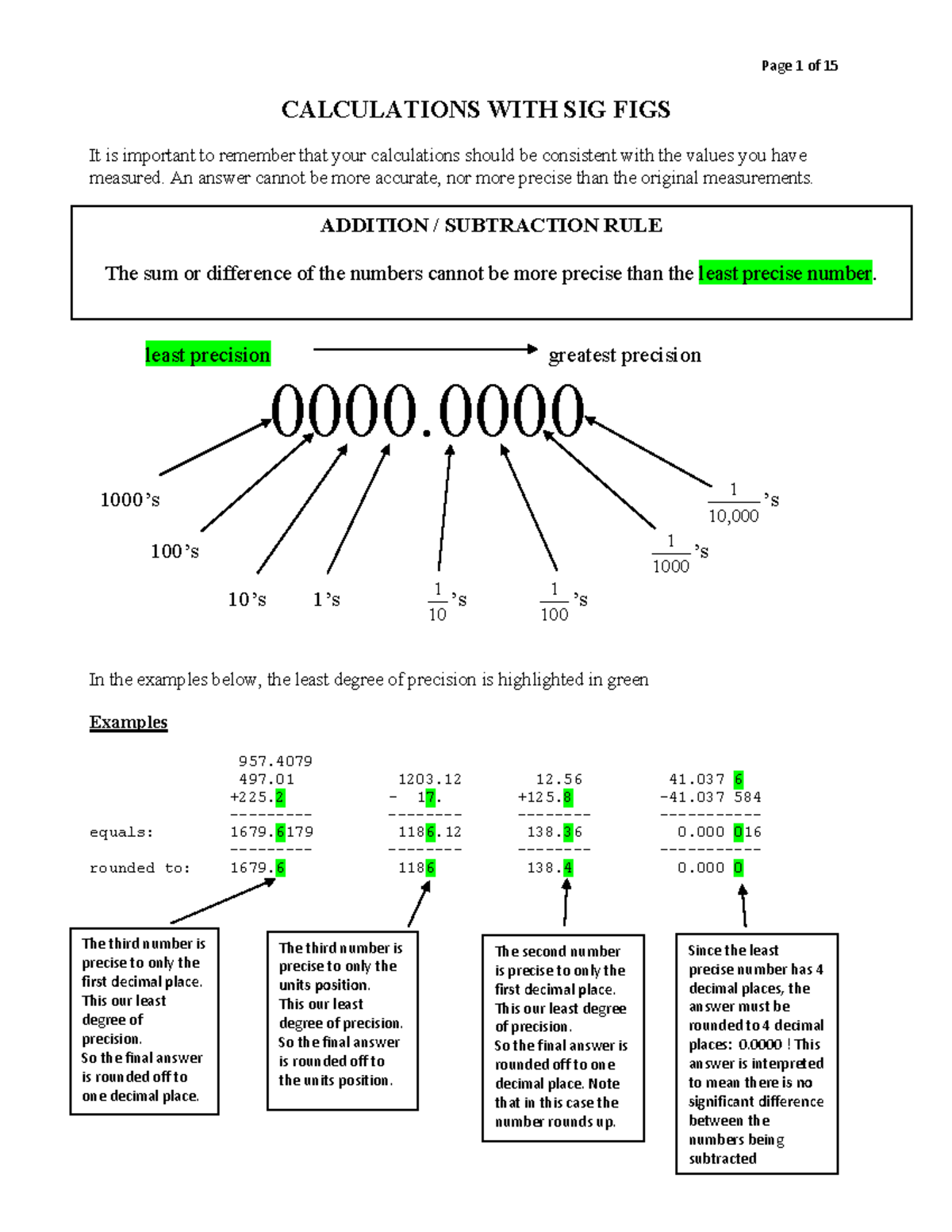 Calculations WITH SIG FIGS - CALCULATIONS WITH SIG FIGS It is important ...