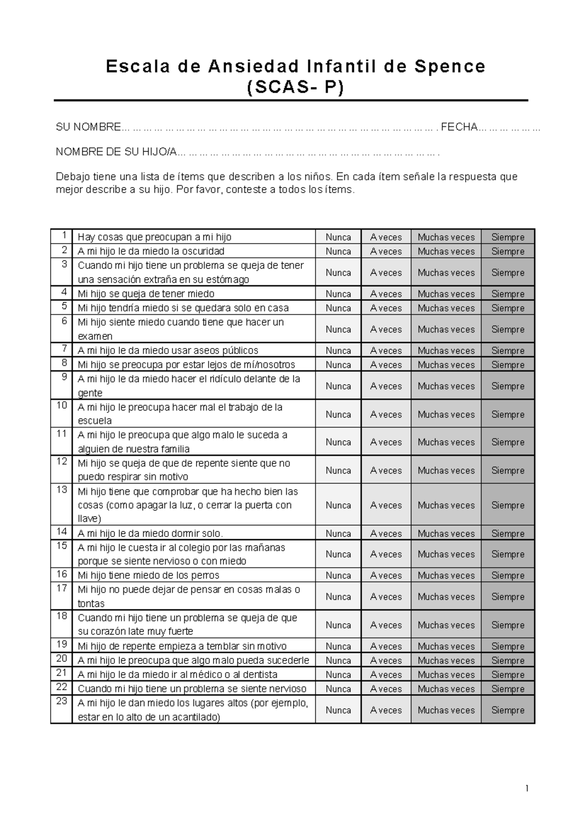 Escala ansiedad spence padres-spanish - Escala de Ansiedad Infantil de ...