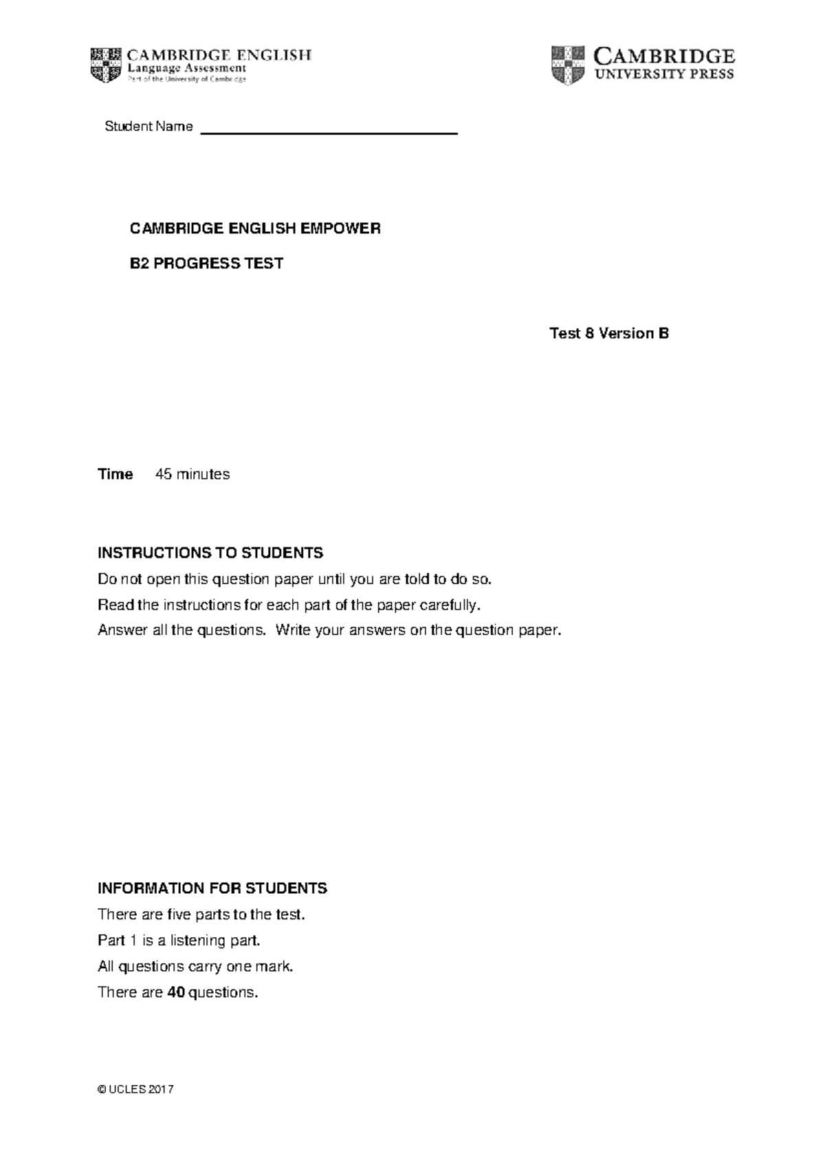 Mock exam. TEST 8B - Examen B2 - Student Name CAMBRIDGE ENGLISH EMPOWER ...