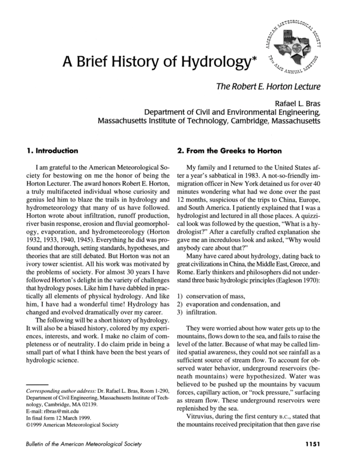 A Brief History of Hydrology - Horton Lecture Rafael L. Bras Department ...