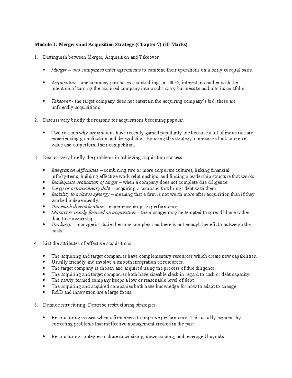 ADMN 4607 - memo assignment #1 - Module 1: Mergers and Acquisition Strategy (Chapter 7) (10 ...