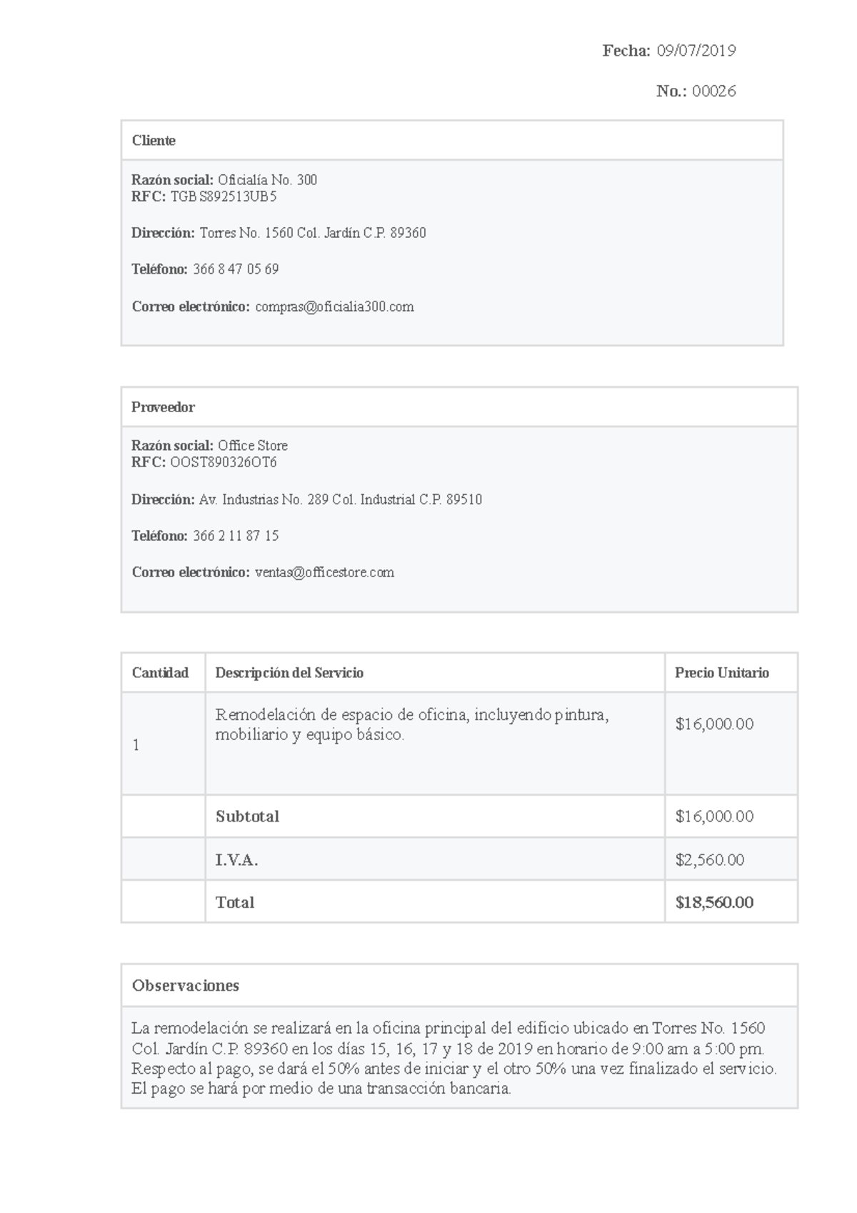 Modelo Orden DE Servicio - Fecha: 09/07/ No.: 00026 Cliente Razón ...