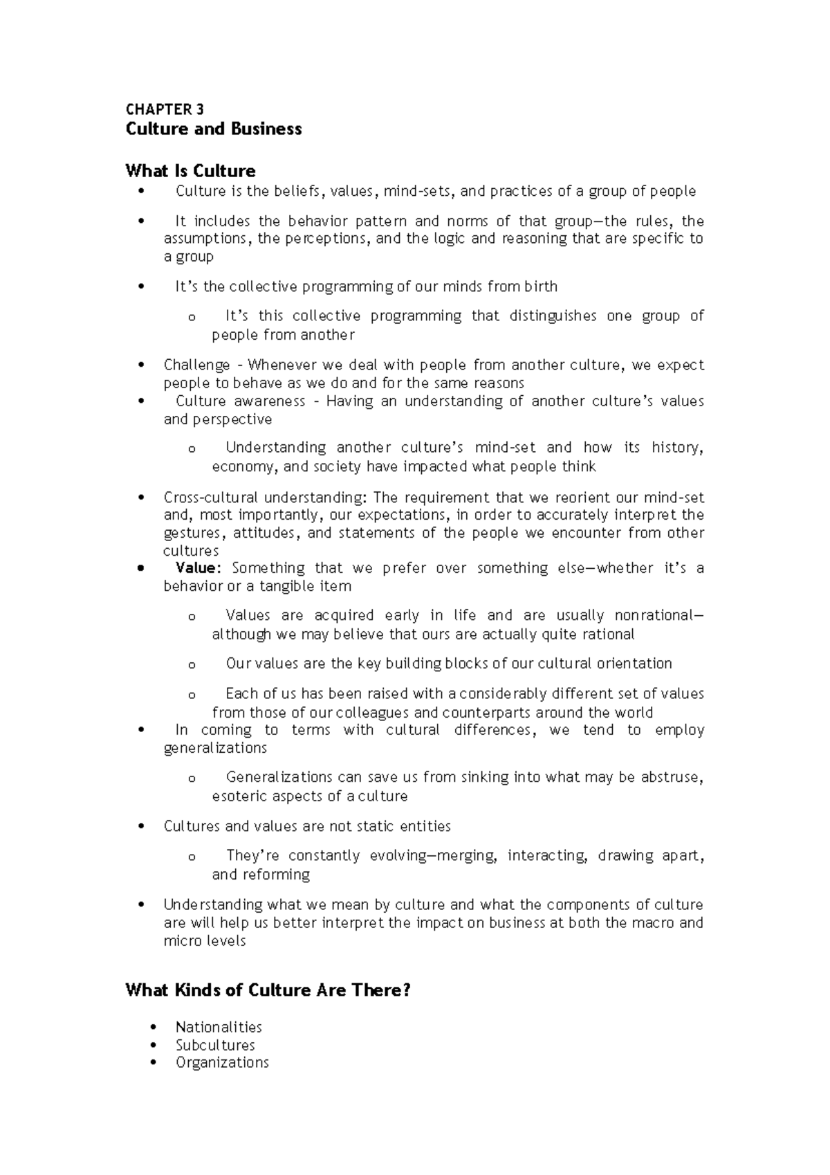Chapter 3 - This lecture notes is about culture and business. It ...