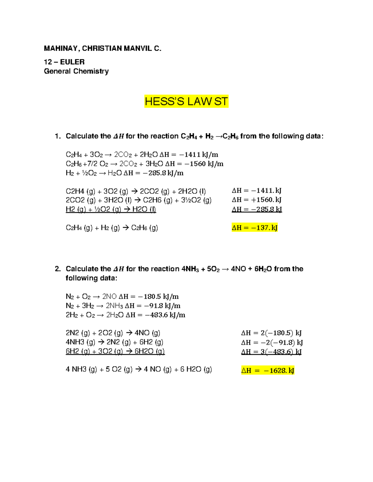 Mahinay-ST-Hess's Law - MAHINAY, CHRISTIAN MANVIL C. 12 – EULER General ...
