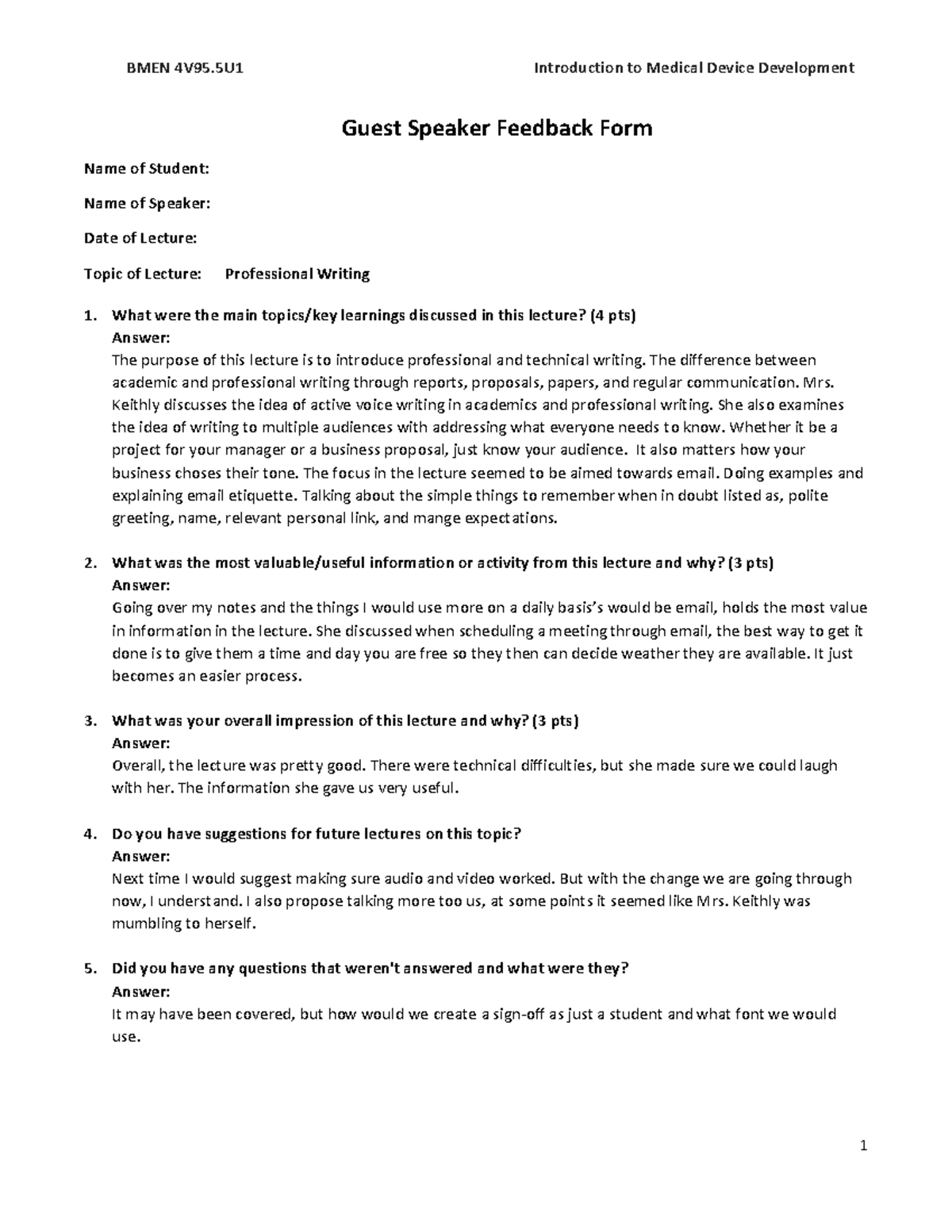 BMEN 4V95 Guest Speaker Feedback Form - BMEN 4V95 Introduction to ...