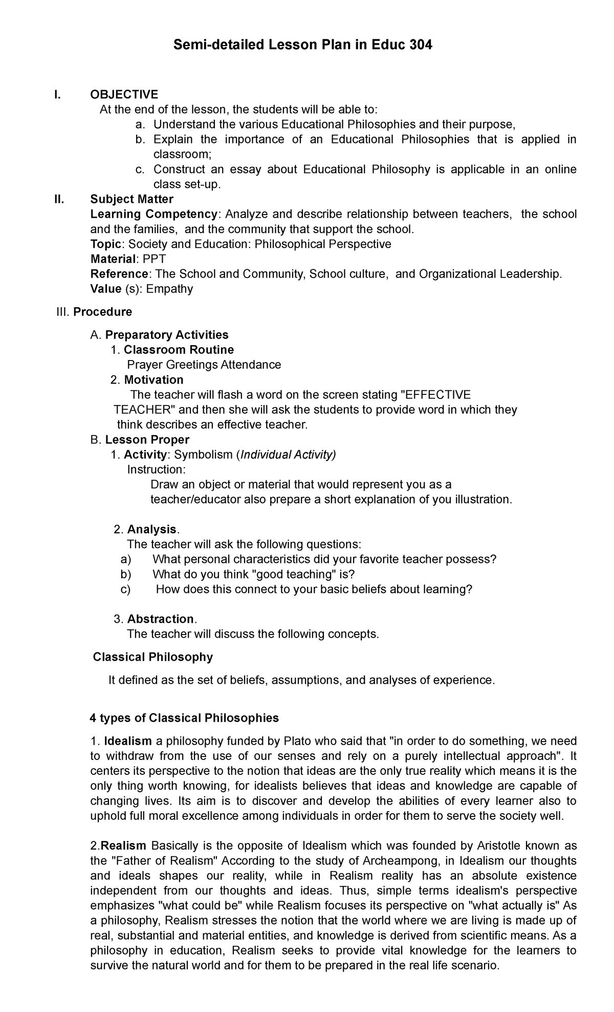 1. Lesson PLAN for Philosophies in Education - Semi-detailed Lesson ...