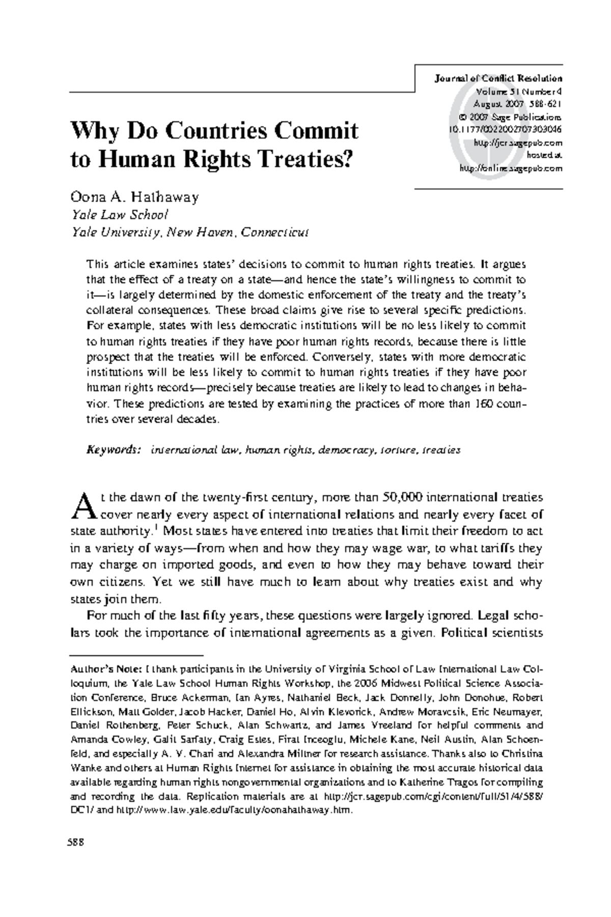 Hathaway why countries sign treaties - Why Do Countries Commit to Human ...