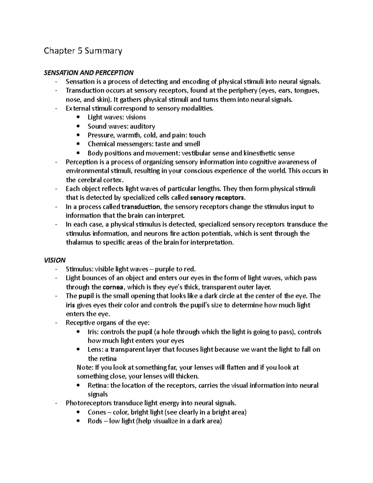Psychology in Your Life Chapter 5 Summary - Chapter 5 Summary SENSATION ...