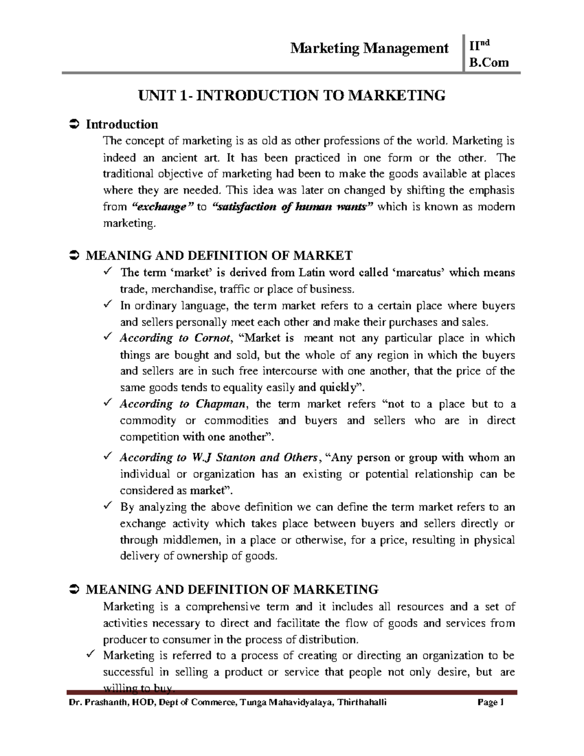 Unit -1 MKT - .gg - B UNIT 1- INTRODUCTION TO MARKETING Introduction ...