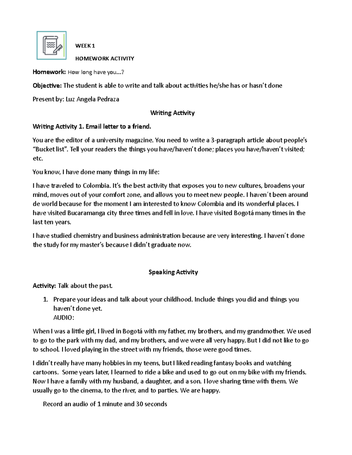 WEEK TASK 1 - ACTIVIDAD PERSONAL DE INGLES - WEEK 1 HOMEWORK ACTIVITY ...