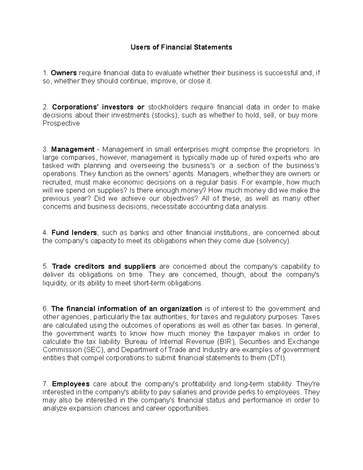 Users of Financial Statements - Users of Financial Statements Owners ...