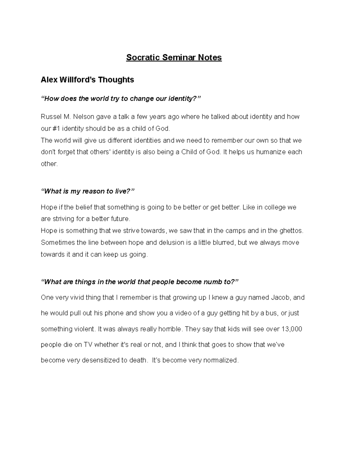Socratic Seminar Notes - Socratic Seminar Notes Alex Willford’s ...