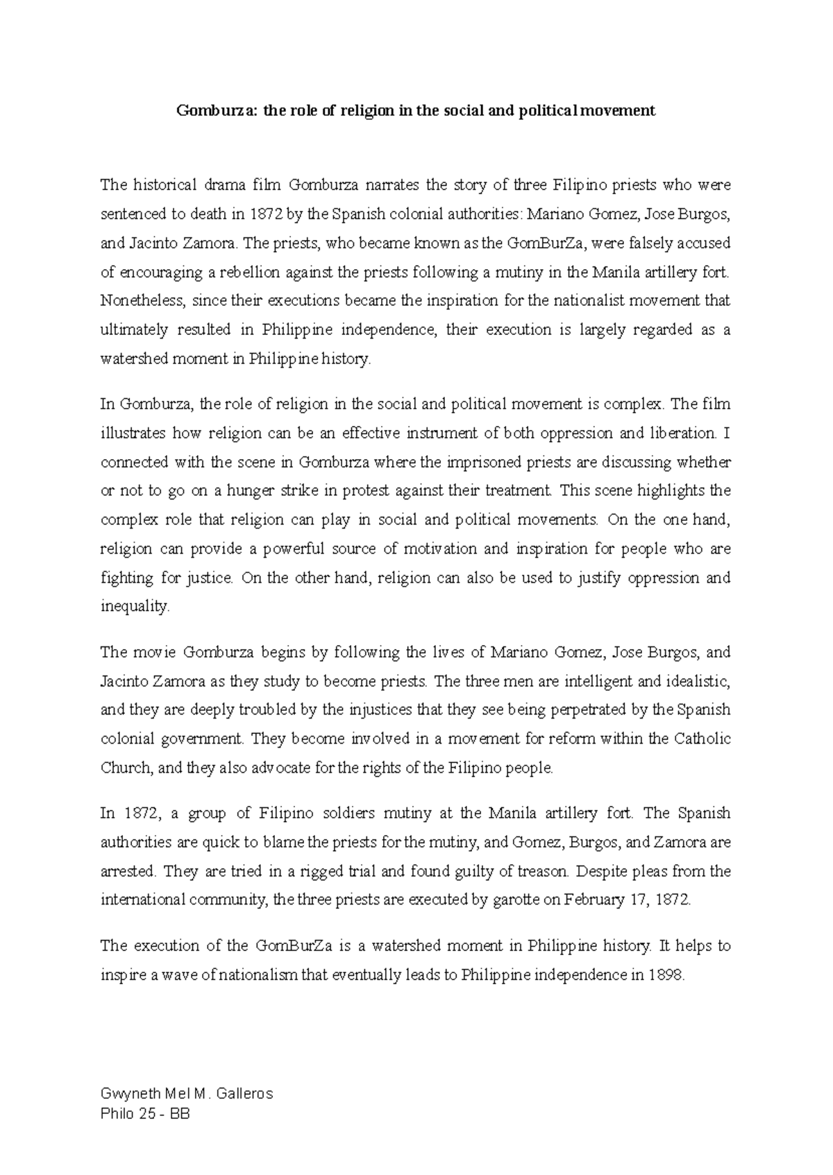 Gombuza Reflection Paper - Gomburza: the role of religion in the social ...