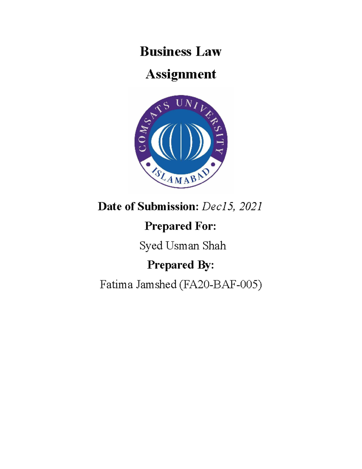 Fatima Jamshed(FA20-BAF-005)LAW Assignment - Business Law Assignment ...