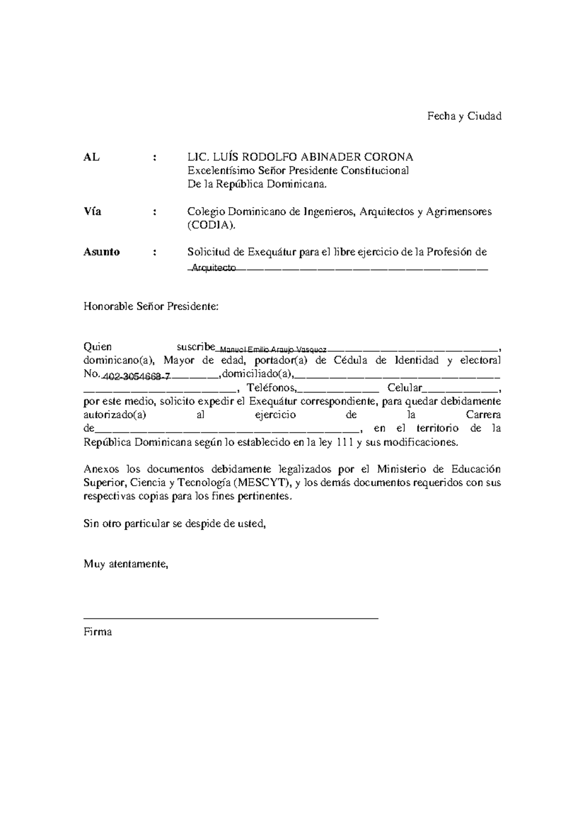 Modelo Carta al Presidente - Fecha y Ciudad AL : LIC. LUÍS RODOLFO ...
