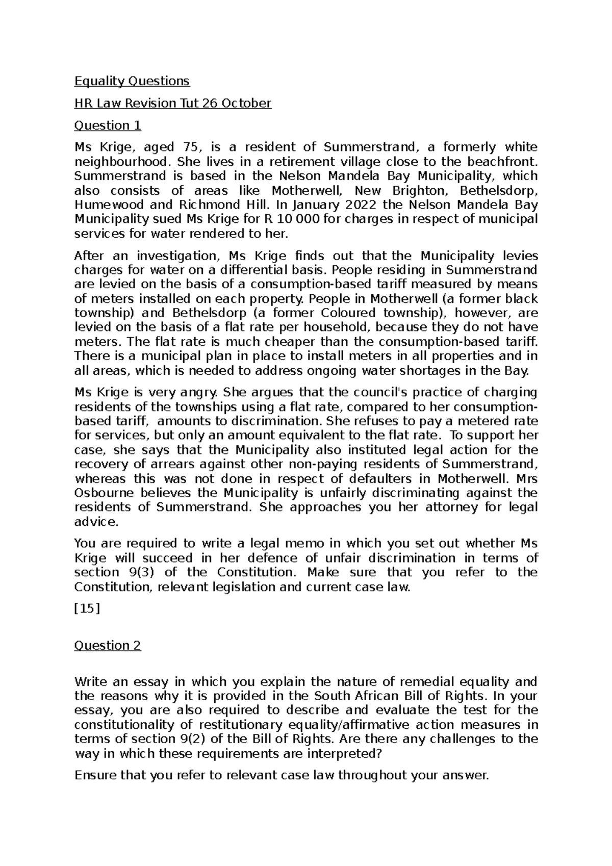 Equality Questions HR Law Tut 26 October - Equality Questions HR Law ...