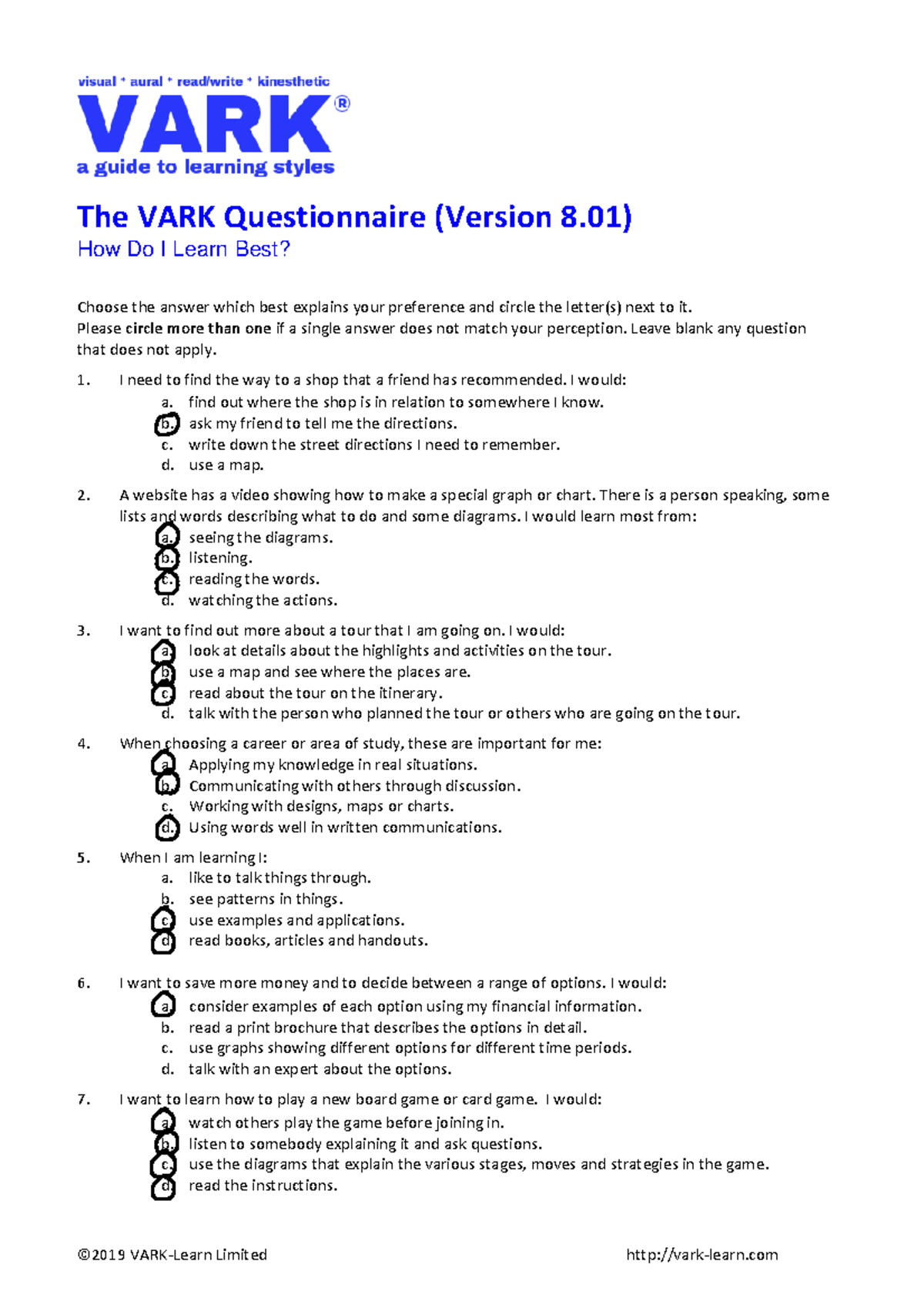 The VARK Questionnaire 2019 VARK Learn Limited Vark learn The VARK