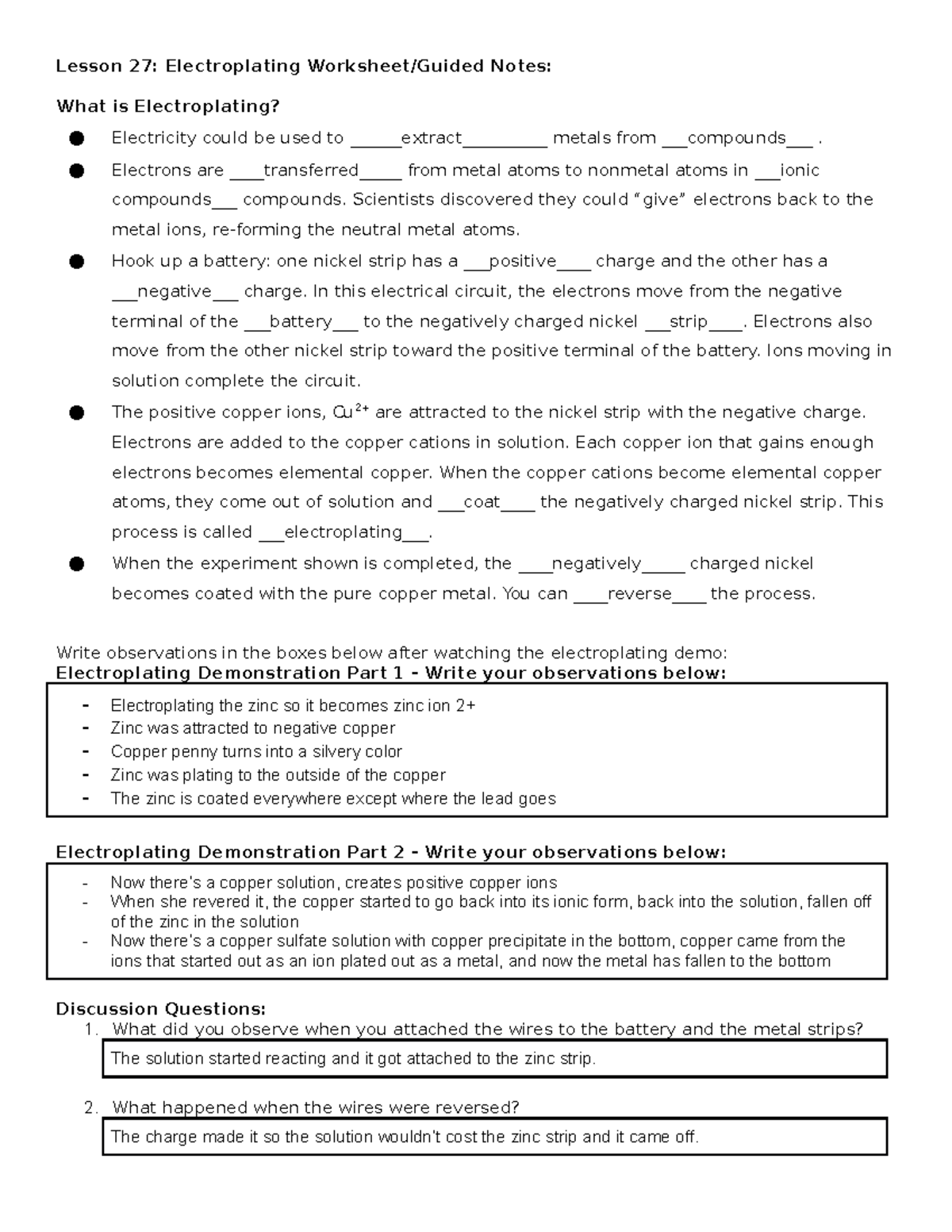 Lesson 27 Electroplating Worksheet Guided Notes - Electrons are ...