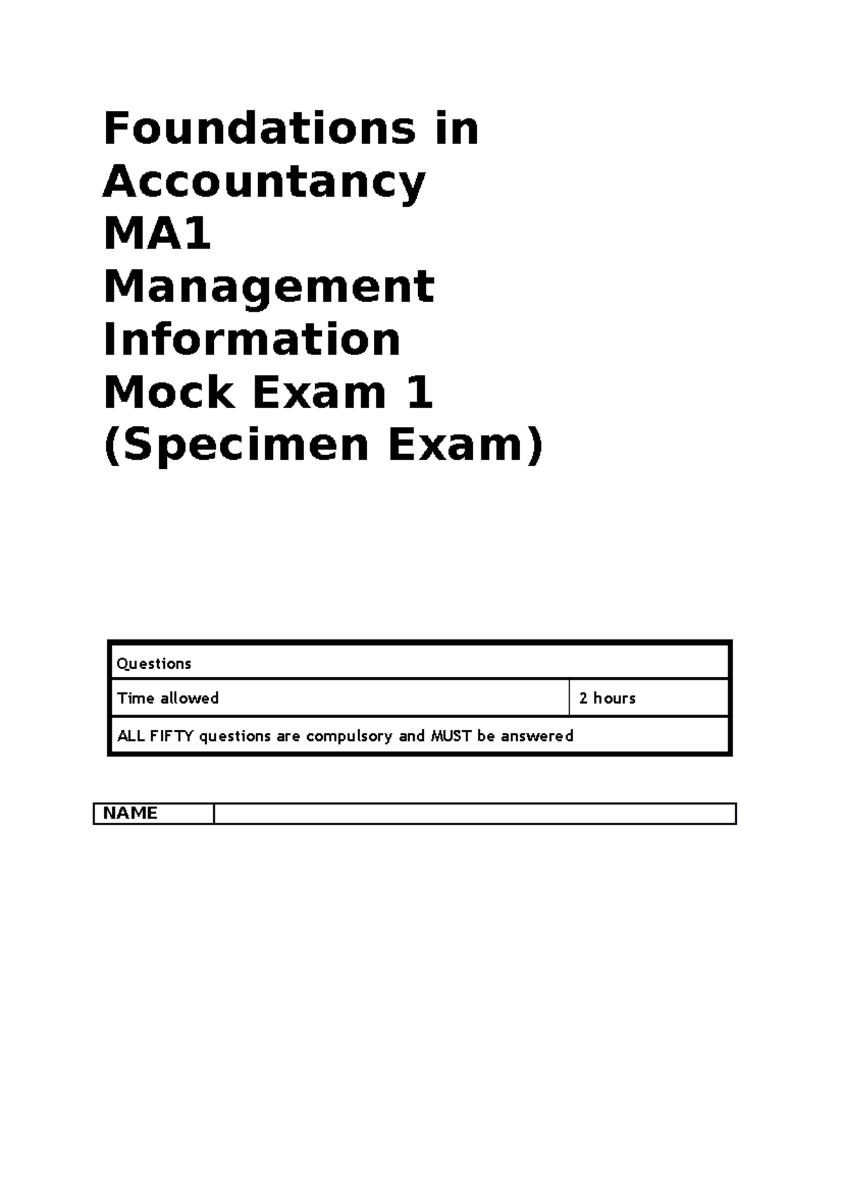 Moc Exam 06 - fa1 mock test - Foundations in Accountancy MA Management ...