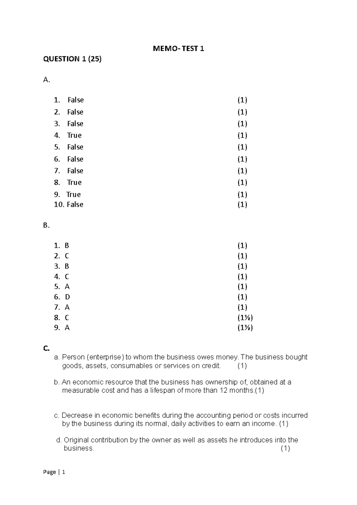 MEMO1- March 2014 - accounting memorandum for test 1 - TEST 1 QUESTION ...