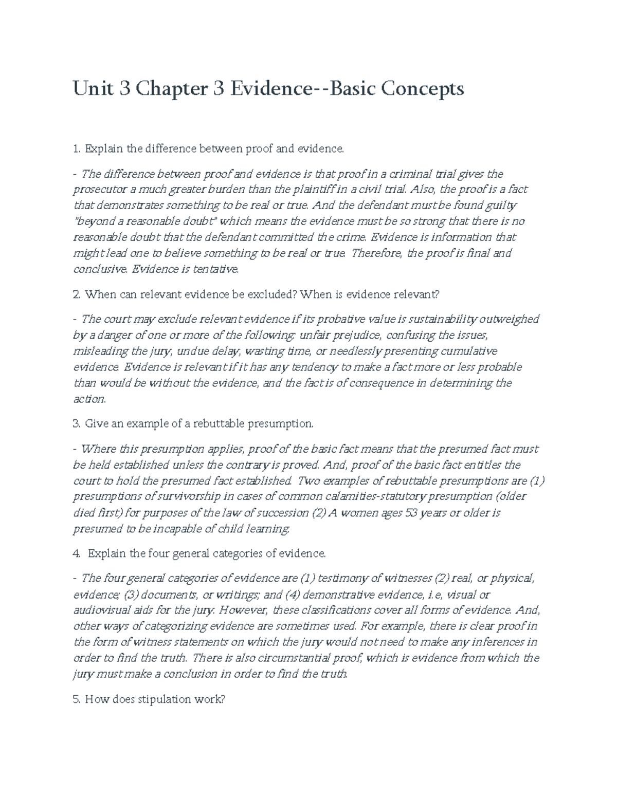 Unit 3 questions and answers - Unit 3 Chapter 3 Evidence-Basic Concepts ...