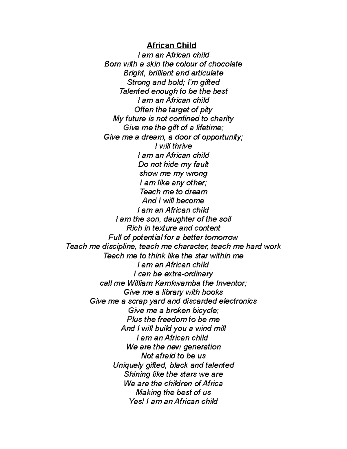 African Child eku mcgred - African Child I am an African child Born ...