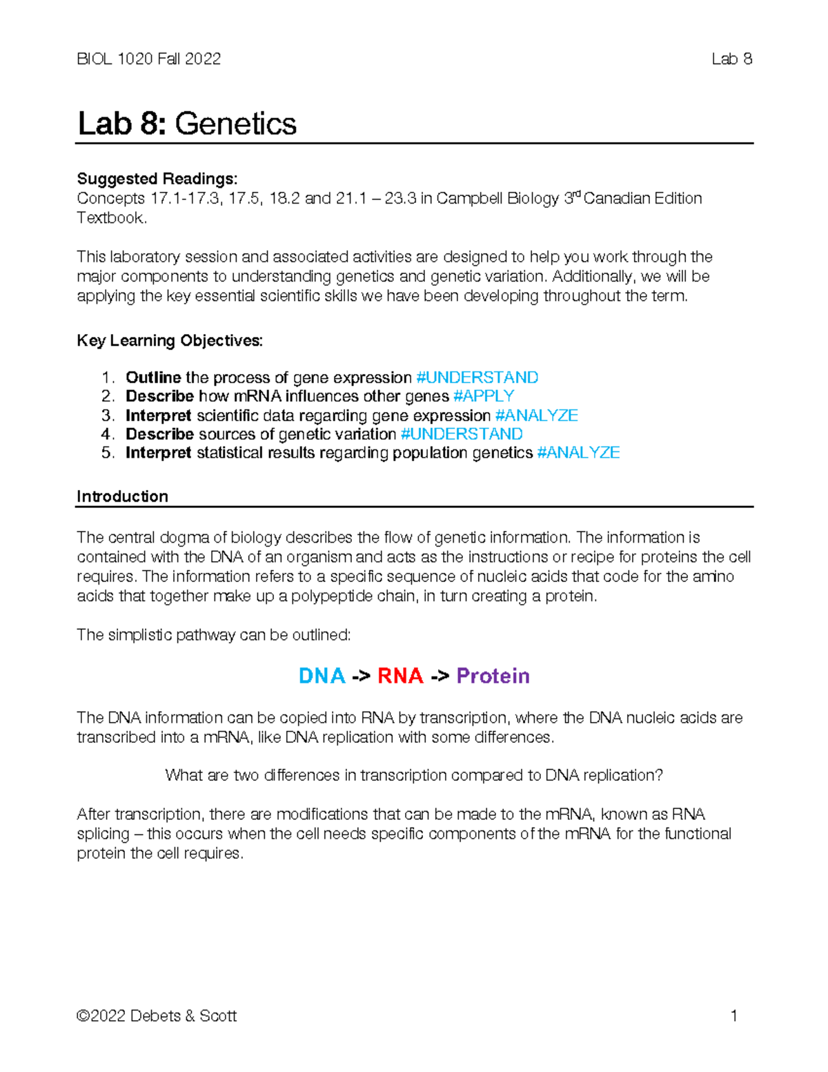 Biol 1020 Lab 8 Handout Lab 8 Genetics Suggested Readings Concepts 171 17 1 7 18 And 21