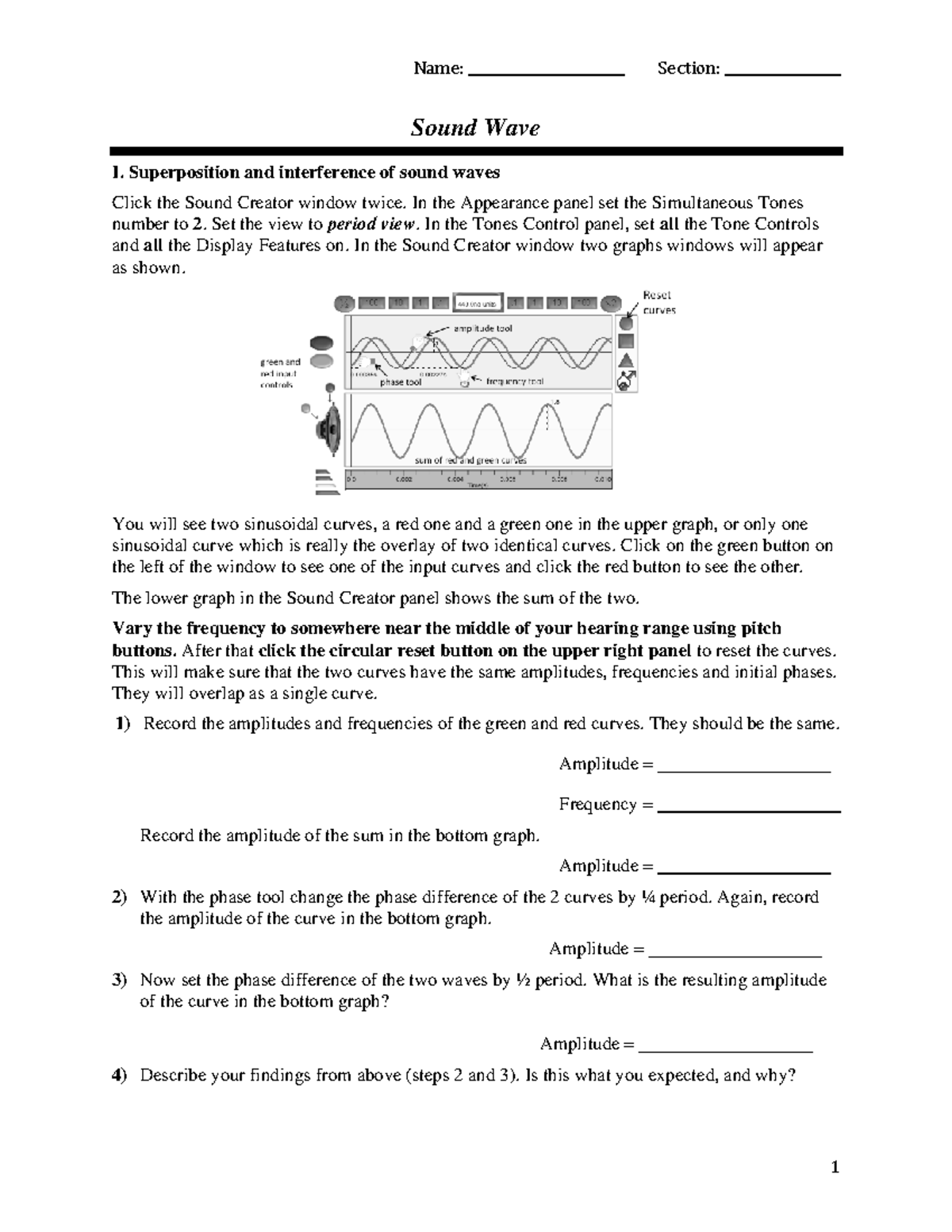 Activity 26-Sound waves - Name: Section: 1 Sound Wave I. Superposition ...