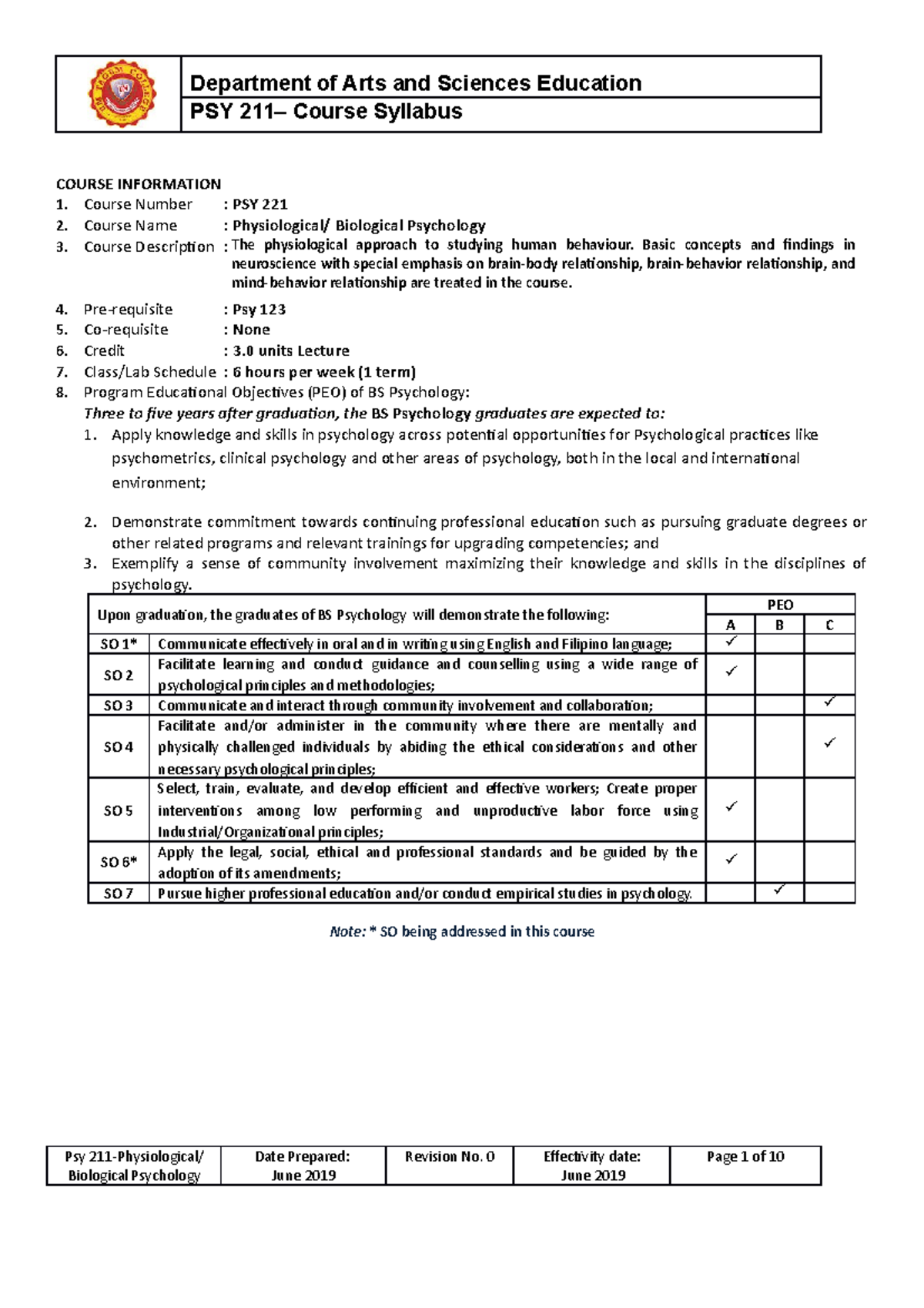 Psy 211 Physiological Psychology 0523 - PSY 211– Course Syllabus COURSE ...