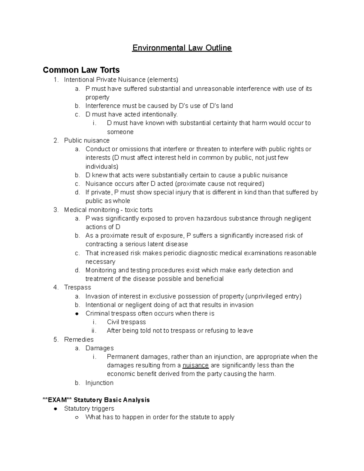 Env Outline - Environmental Law Outline Common Law Torts Intentional ...