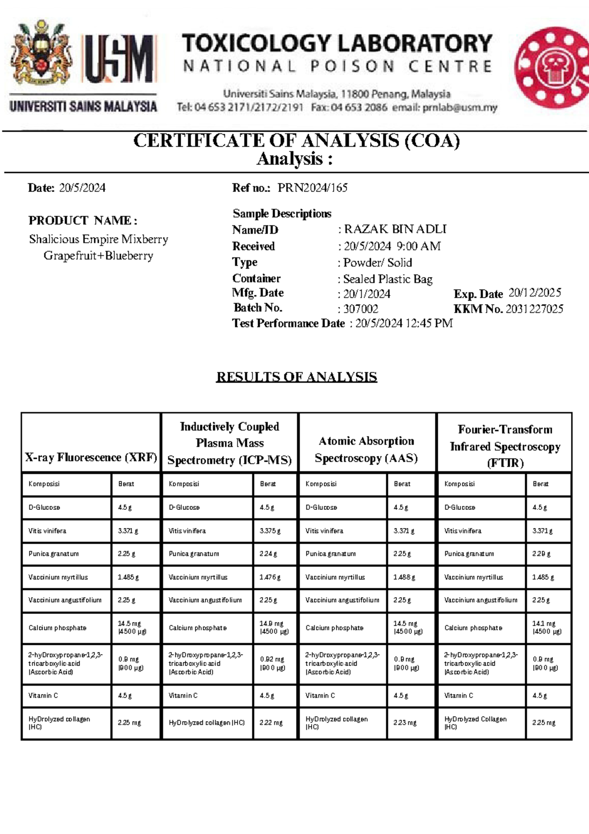 Lab test npra - lab test for cosmetic, rekaan semata2 - Komposisi Berat ...