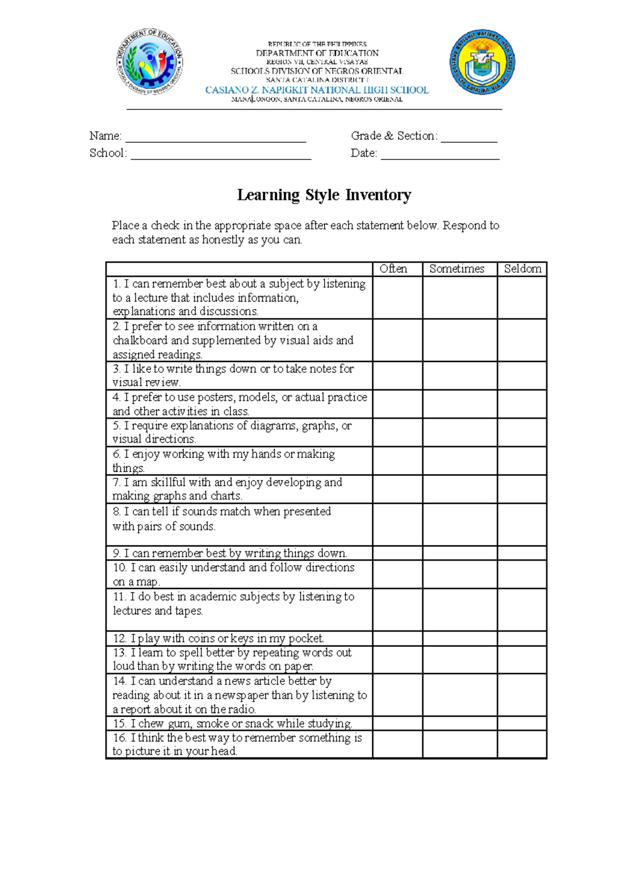 Learning Styles Survey 2022 2023 - Name ...