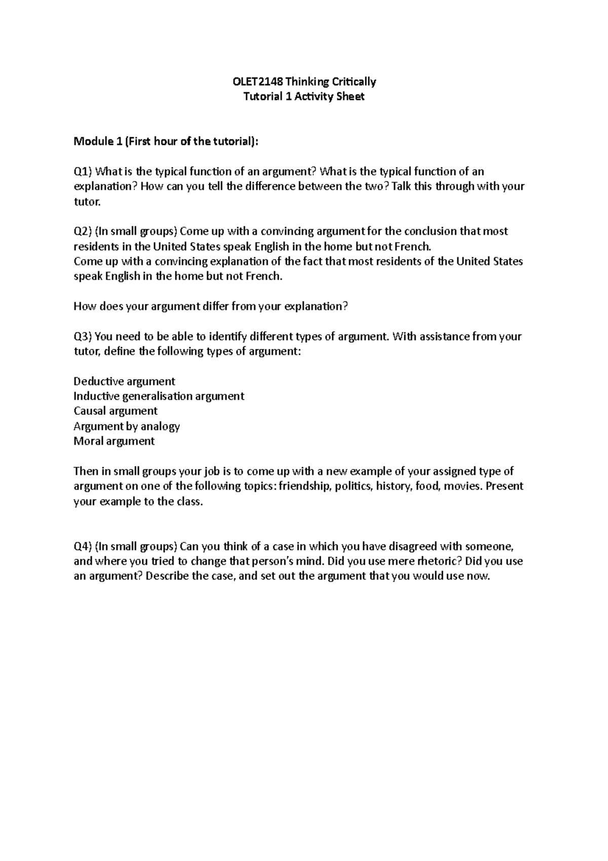 OLET2148 Thinking Critically Tutorial 1 Questions - OLET2148 Thinking ...