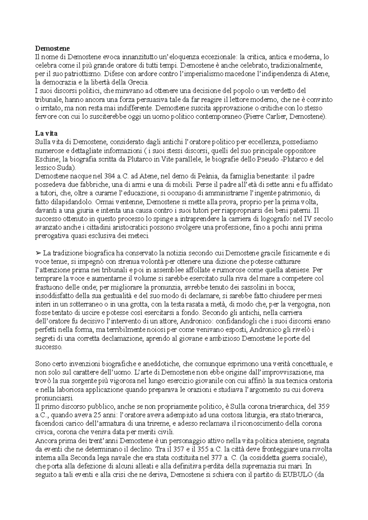 Demostene - summary - Demostene Il nome di Demostene evoca innanzitutto ...