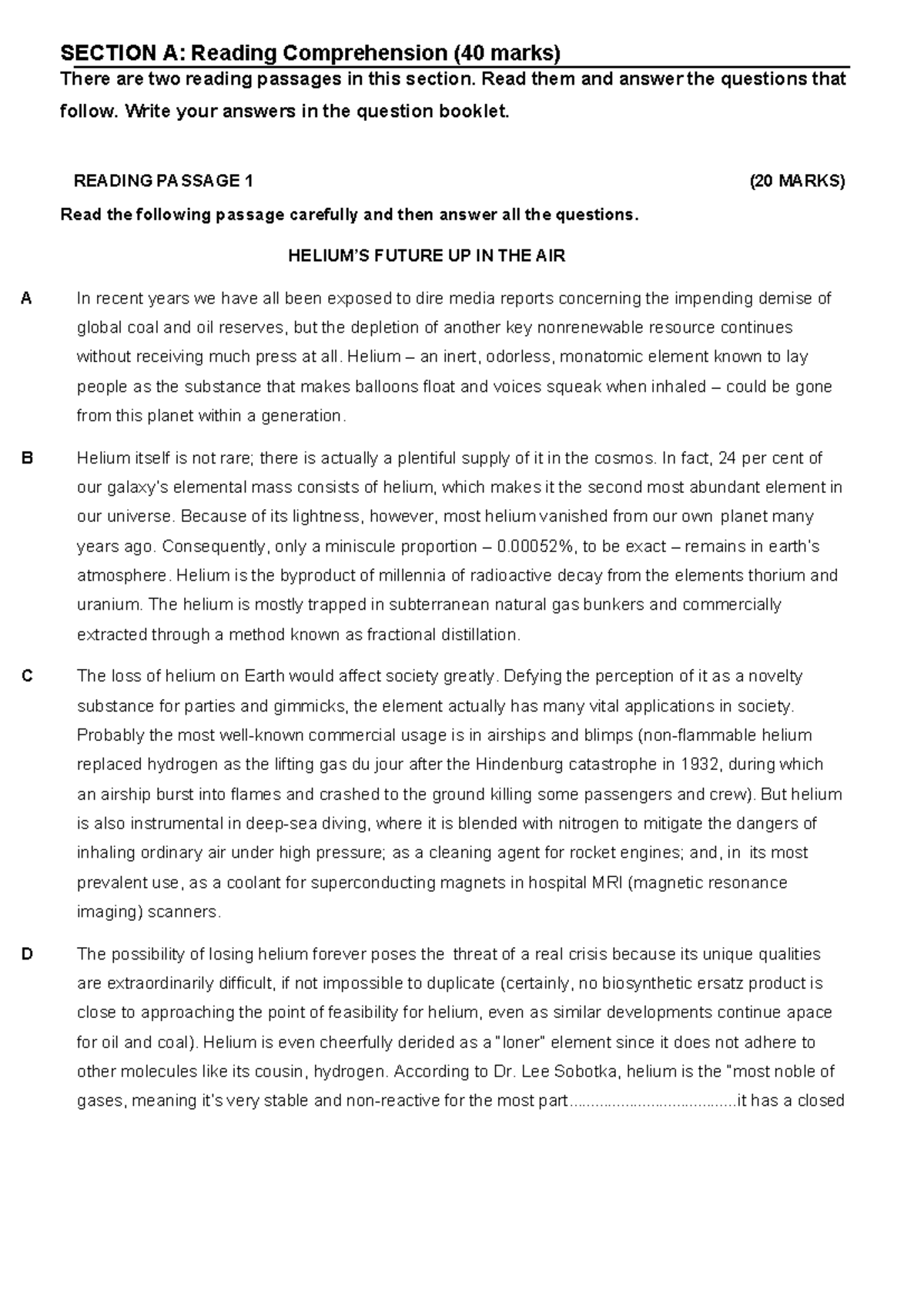 Sample Paper 2 - SECTION A: Reading Comprehension (40 marks) There are two reading passages in ...