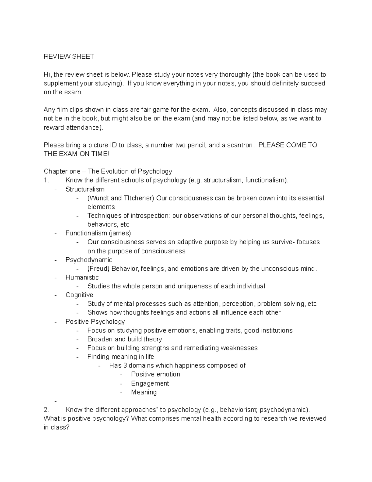 Psych 101 study guide - REVIEW SHEET Hi, the review sheet is below ...