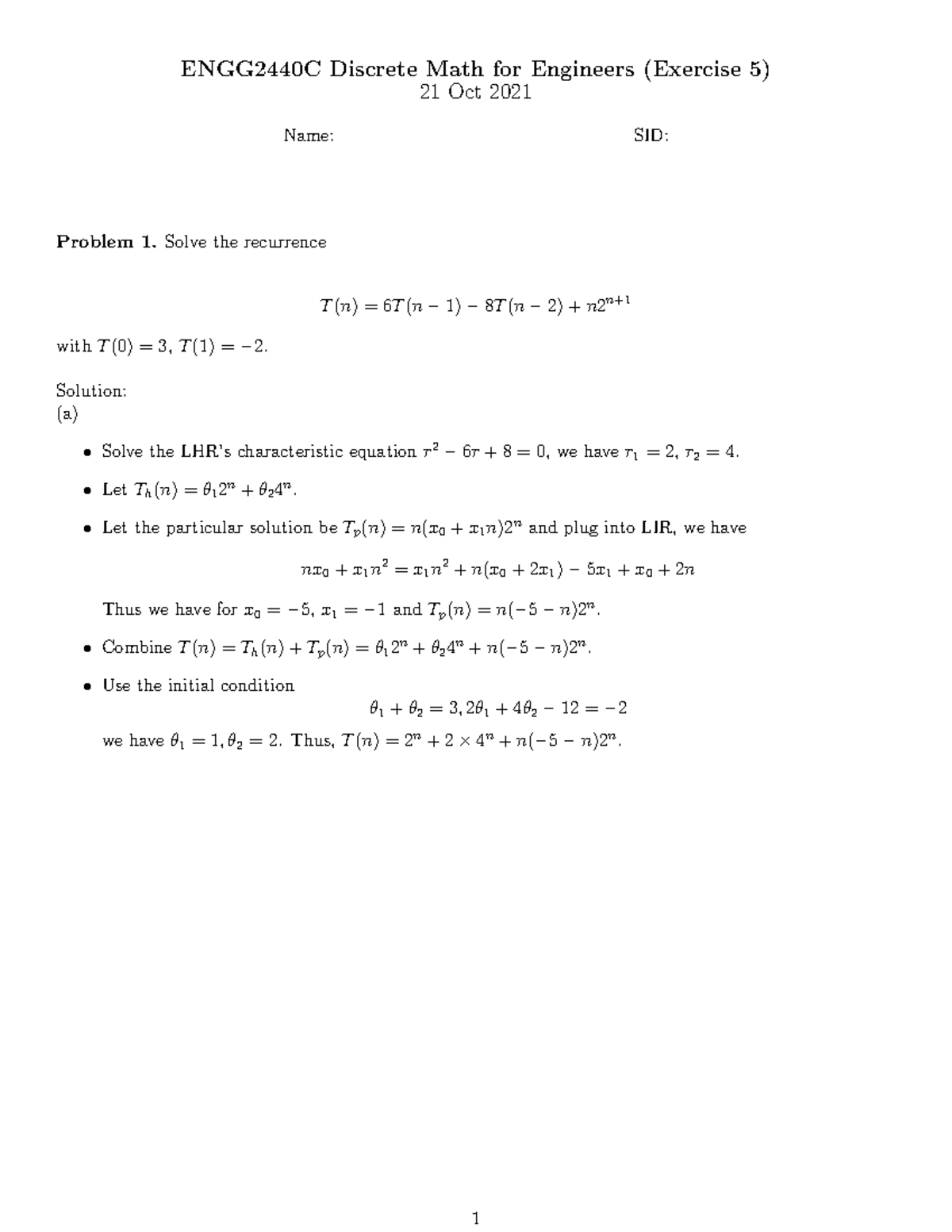 Ex5 sol - Exercise - ENGG2440C Discrete Math for Engineers (Exercise 5 ...
