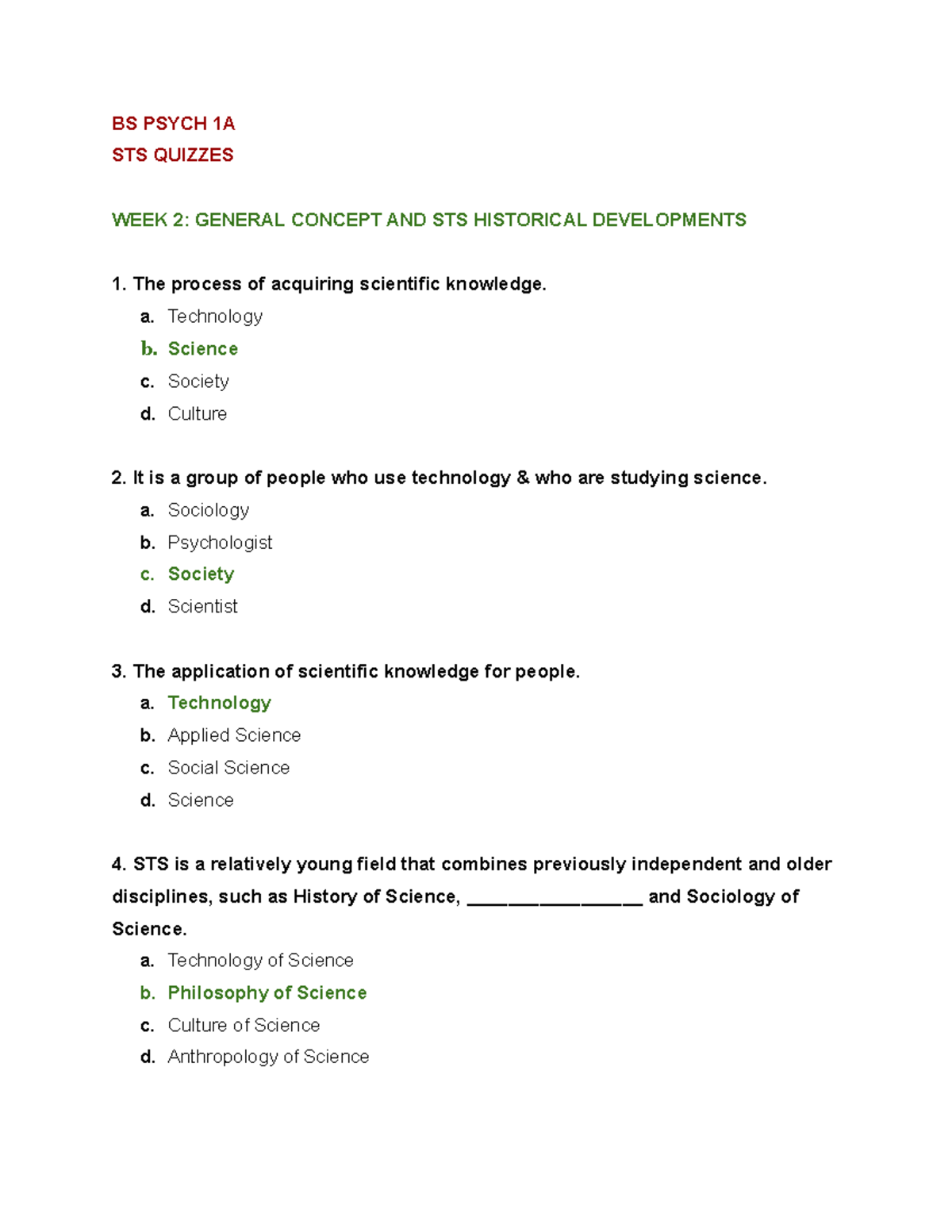 STS- Quizzes All topic - BS PSYCH 1A STS QUIZZES WEEK 2: GENERAL ...