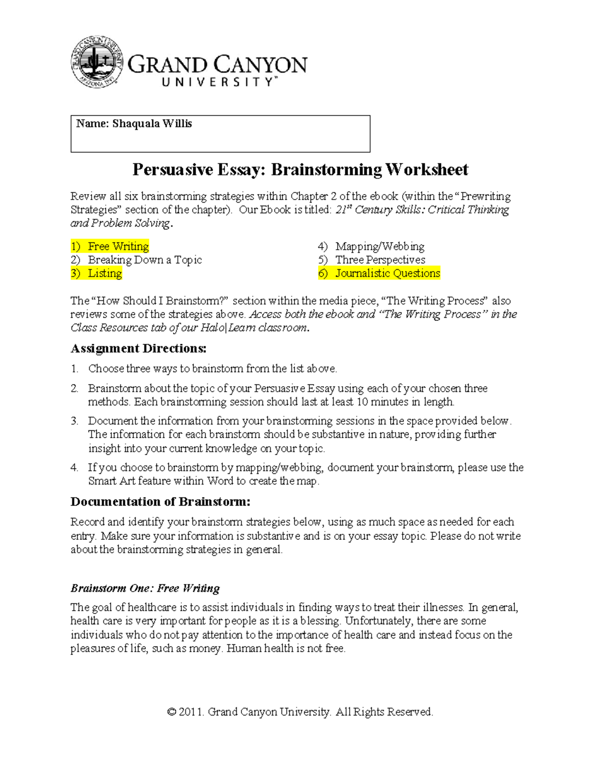 PHI105 T2 Brainstorming Worksheet 4 13 2023 - Name: Shaquala Willis ...