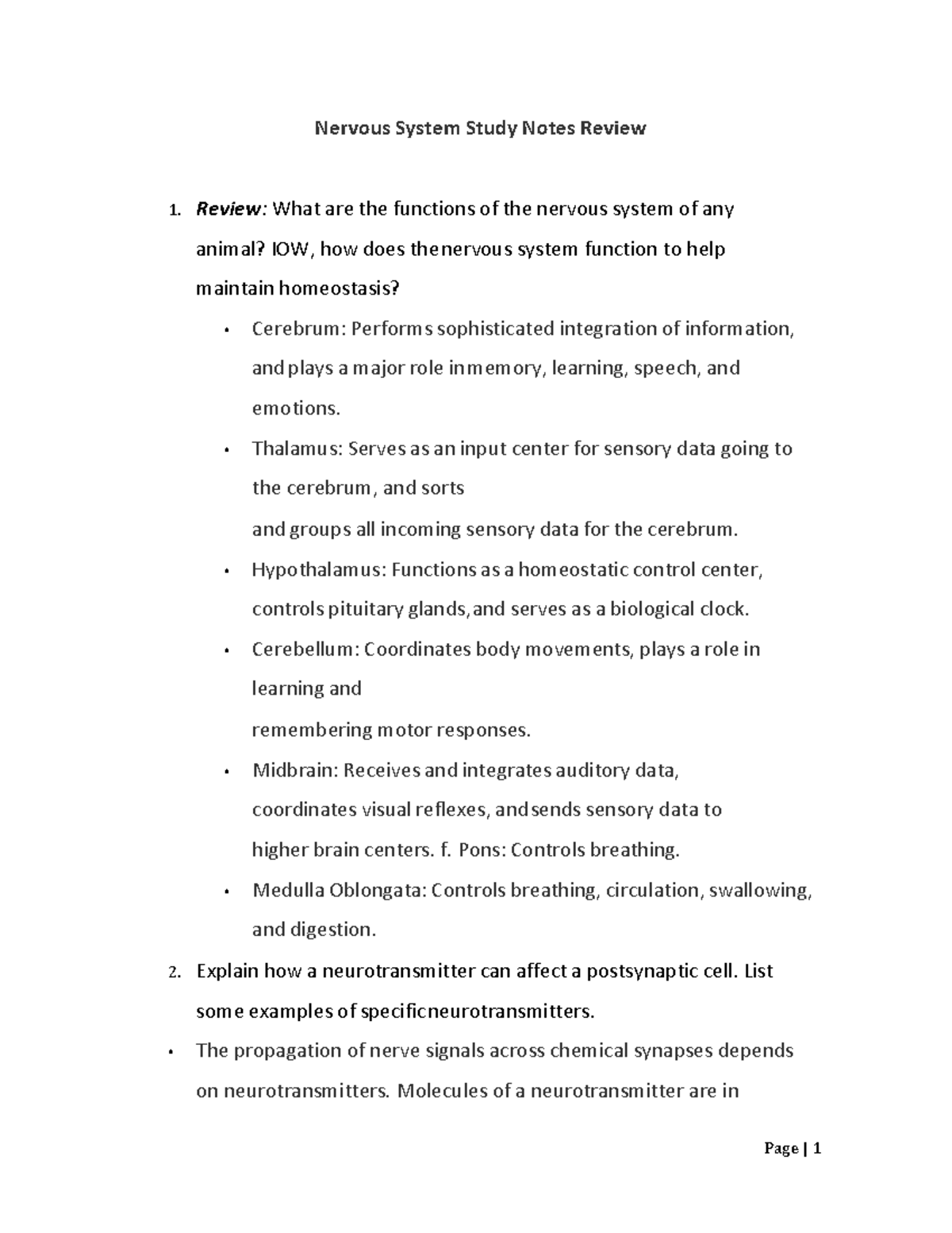 Nervous System Study Notes Review - Nervous System Study Notes Review ...