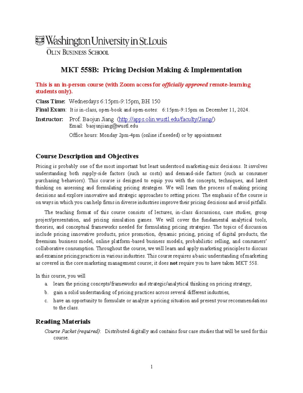 558B Fall2024 Syllabus - MKT 558B: Pricing Decision Making ...