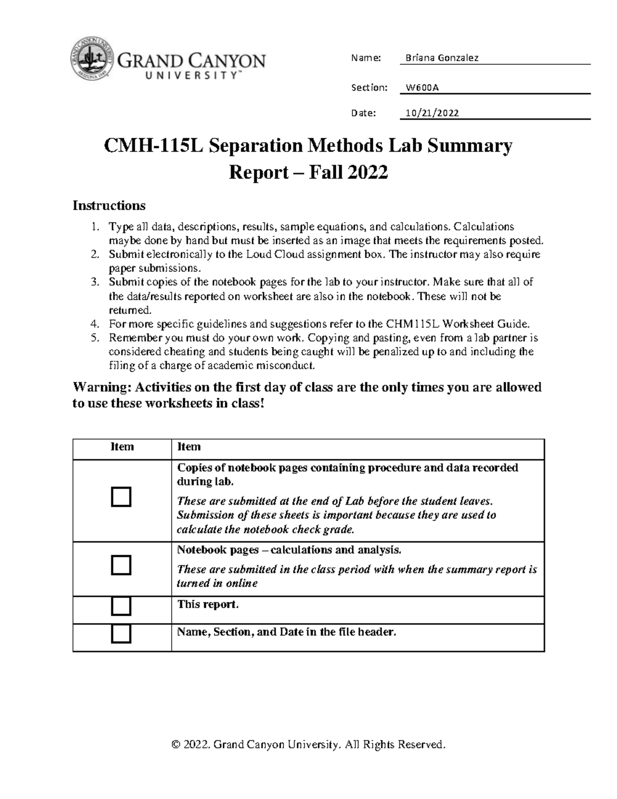 CMH-115L Separation Methods Lab Summary Report Fall 2022 - Section: W600A Date: 10/21/ CMH-115L ...