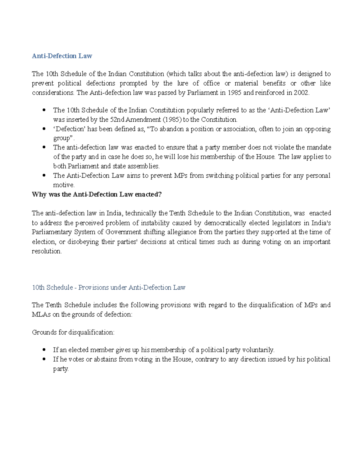 Anti defection notes - Anti-Defection Law The 10th Schedule of the ...